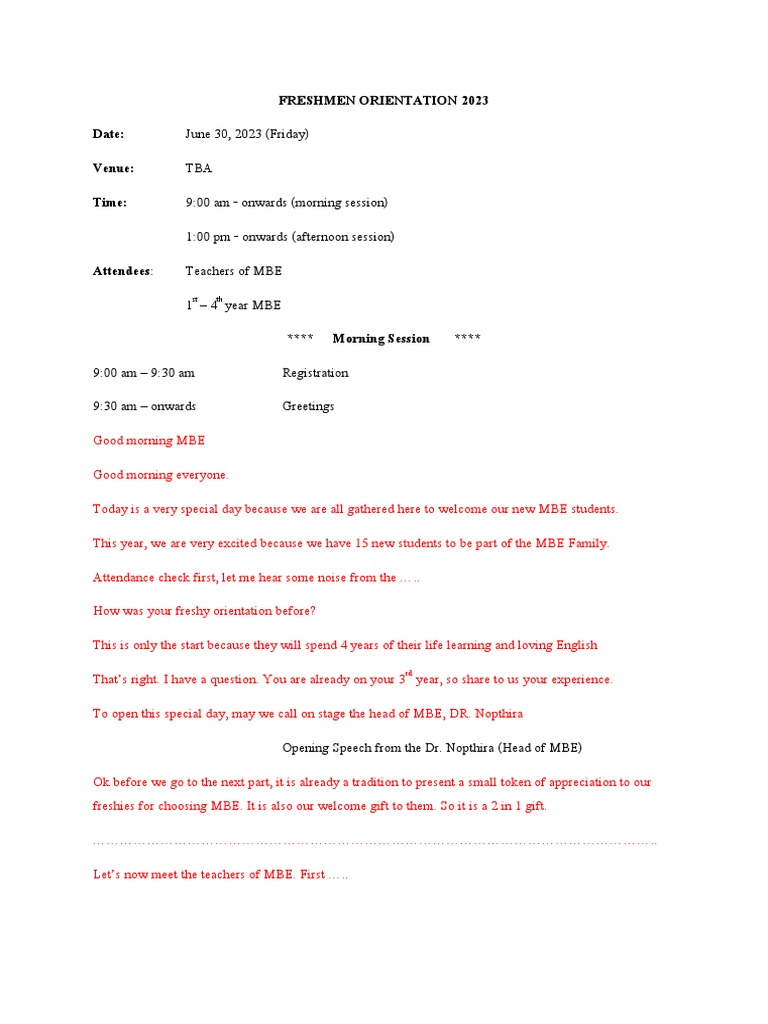 Freshmen Orientation Script | PDF