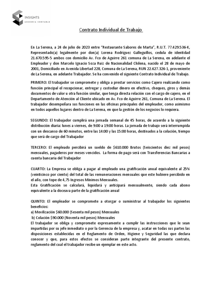 Contrato Individual de Trabajo 4 | PDF | Economias