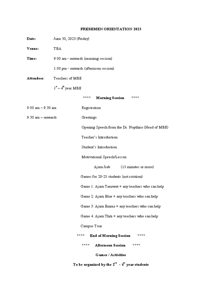 Freshmen Orientation Schedule | PDF