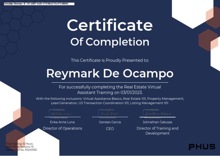 PHUS Training Certificate - Reymark de Ocampo | PDF