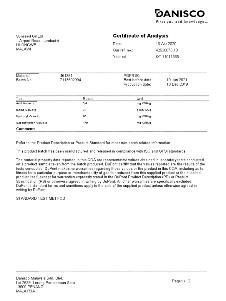 Certificate of Analysis | PDF | Chemistry