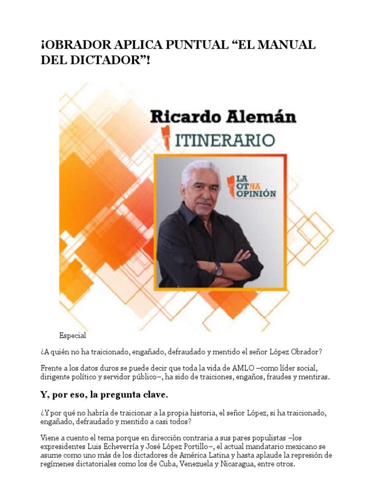 ¡Obrador Aplica Puntual "El Manual Del Dictador"! | PDF | Dictadura | Nicaragua