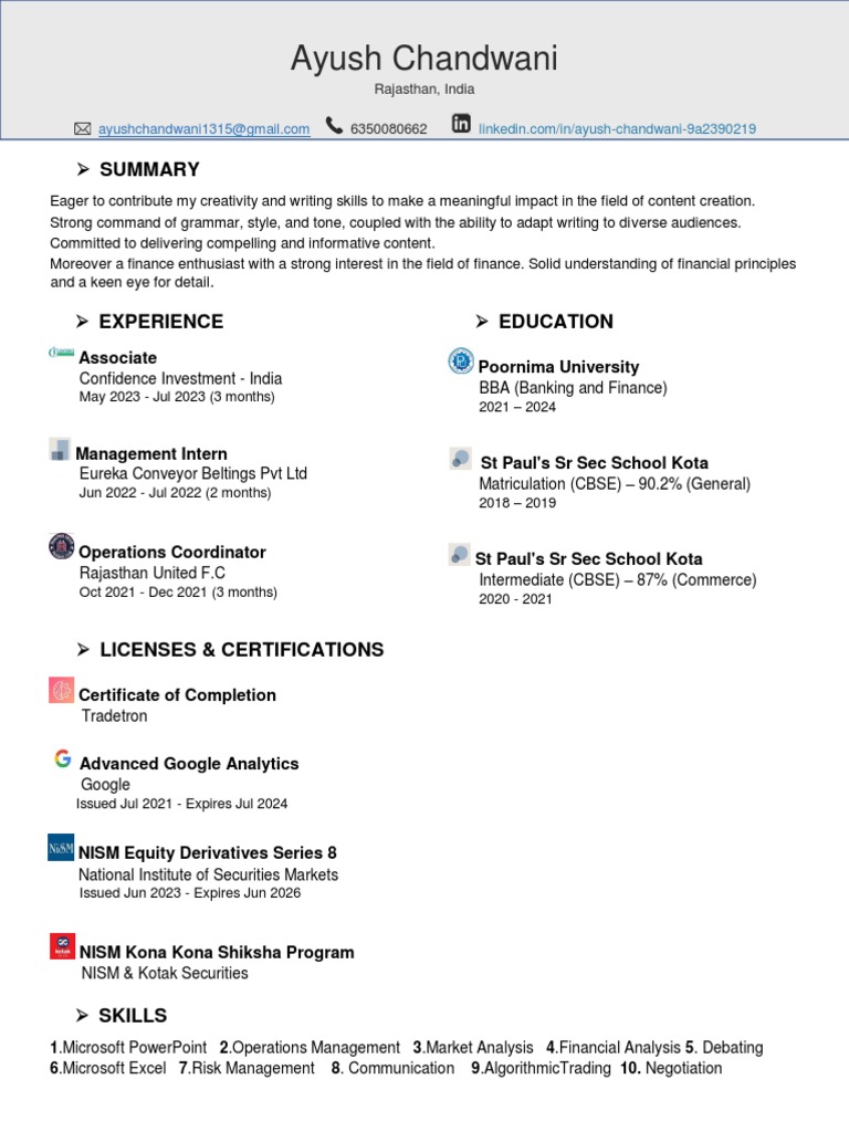 2021pusmcbbbx09623 Ayush Chandwani Resume-1-1 | PDF