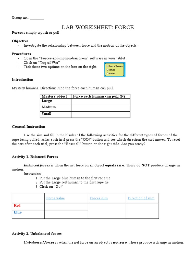 Forces and Motion Activity Sheet | PDF | Force
