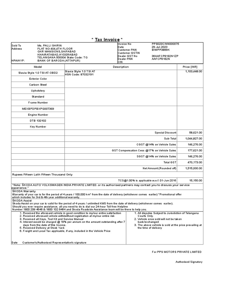 PALLI SHIRIN Dms Invoice | PDF | Vehicles | Motor Vehicle