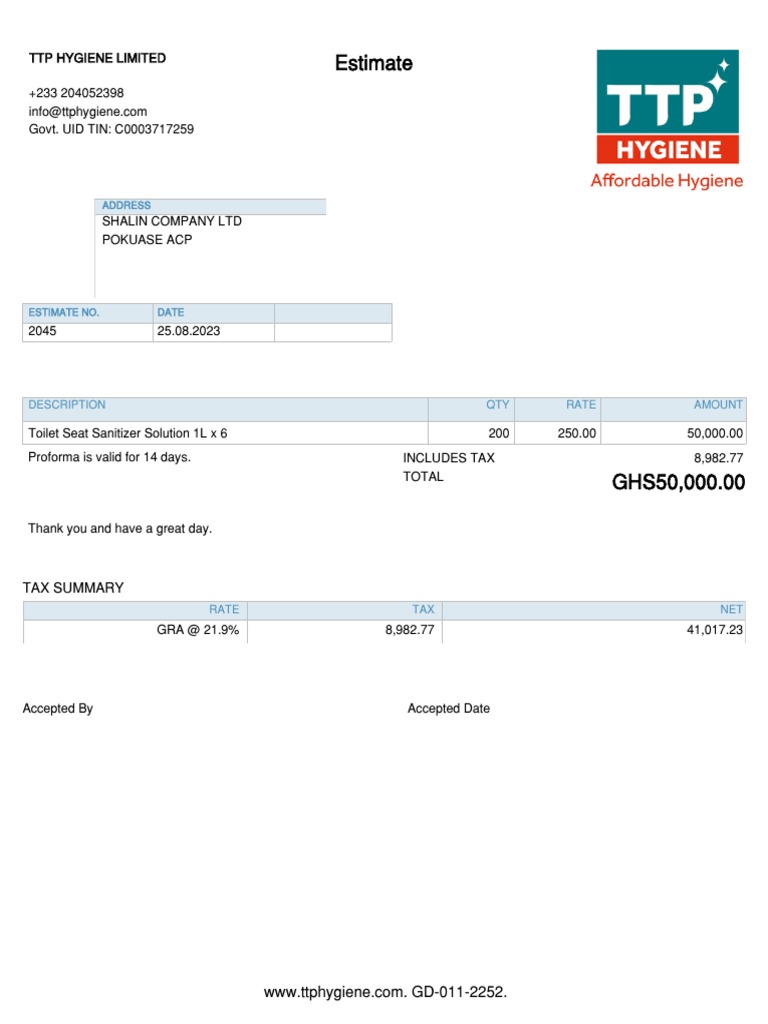 Estimate 2045 From TTP Hygiene Limited | PDF | Finance & Money Management