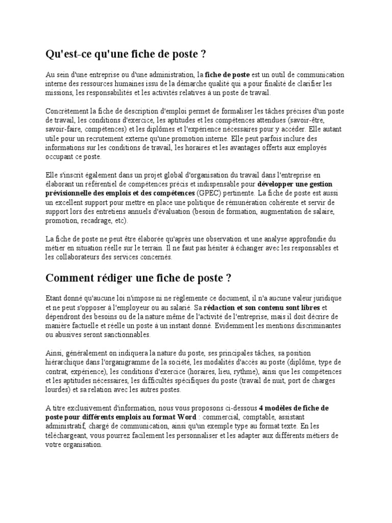 Modèles de fiches de poste à télécharger | PDF | Gestion des ressources ...
