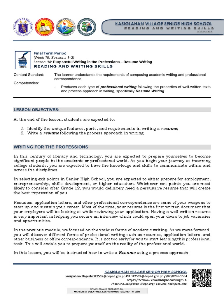 RWS-MELC - L34 - Purposeful Writing in The Professions - Resume Writing - V2023 | PDF | Résumé ...