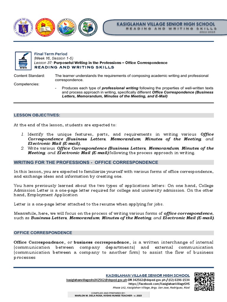 Office Correspondence Writing Guide | PDF | Memorandum | Communication