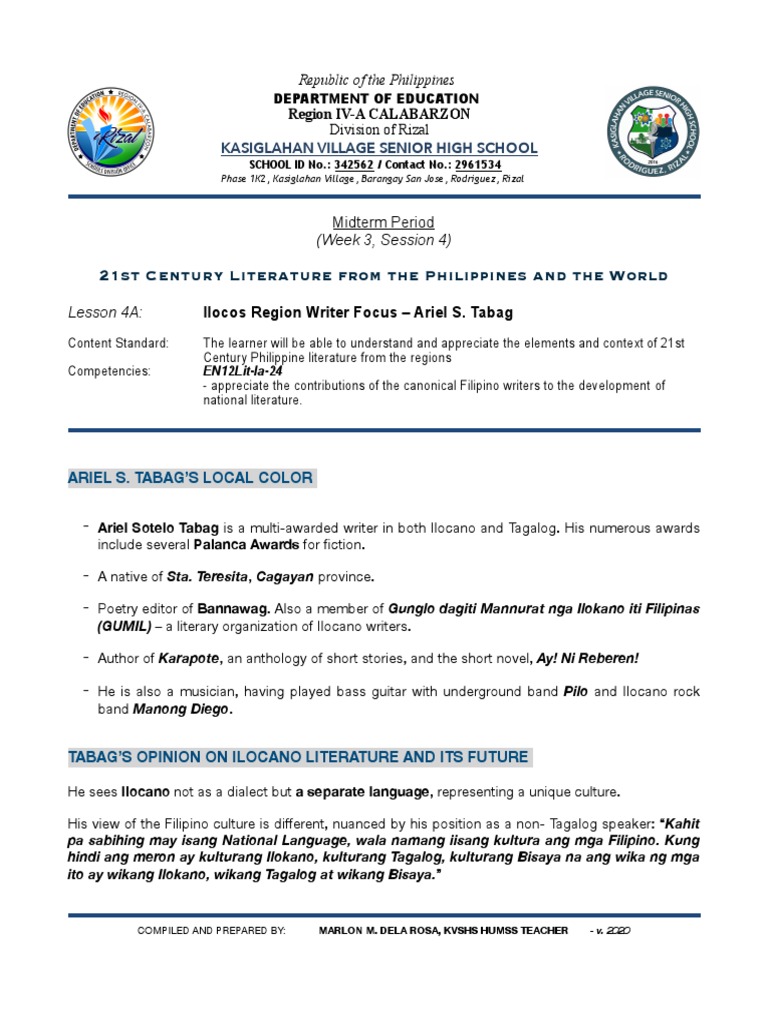 21stCLPW - Lesson 4A - Ilocos Region Writer Focus - Ariel S. Tabag ...