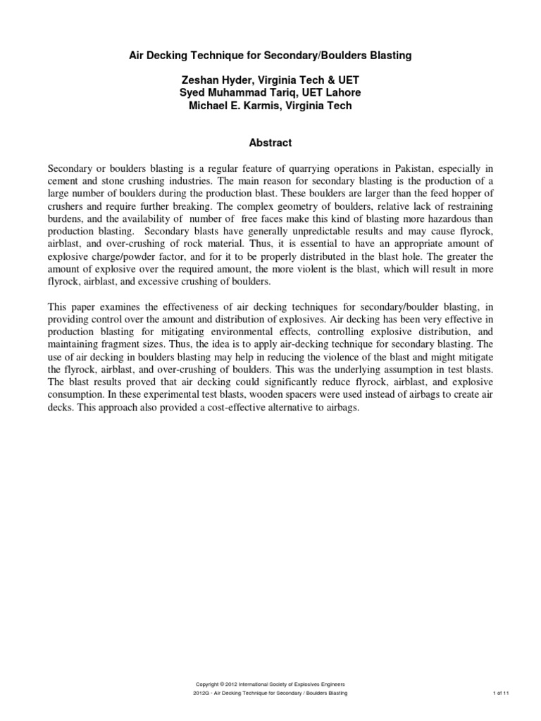 Air Decking Technique For SecondaryBoulders Blasting | PDF | Drill ...