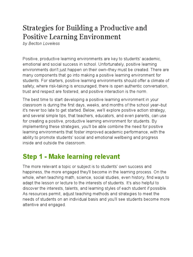 Strategies For Building A Productive and Positive Learning Environment ...