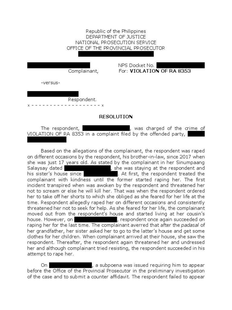 Draft Resolution Finding Of Probable Cause Of Complaint For Rape