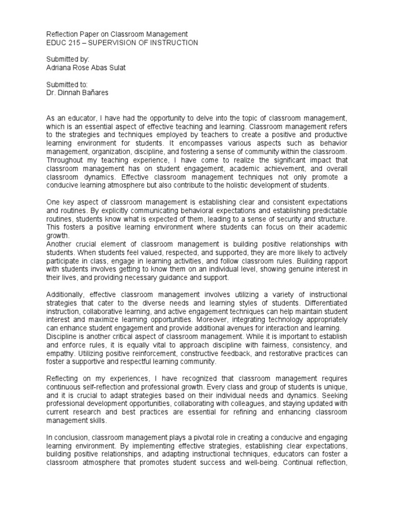Classroom Management Reflection Paper | PDF | Classroom Management ...