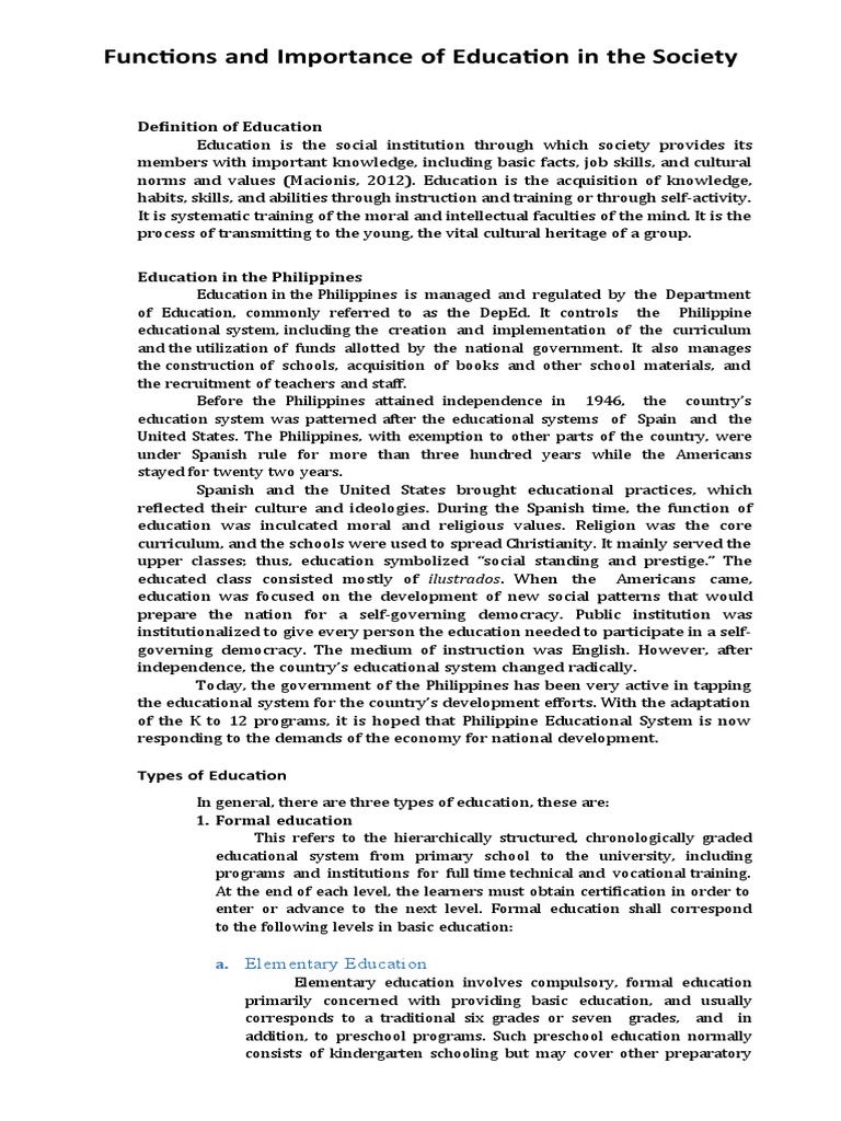 Functions and Importance of Education | PDF | Behavioural Sciences
