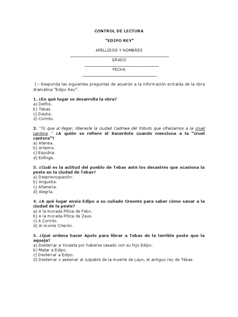 Cuestionario "Edipo Rey" Resuelto | PDF | Edipo | Mitología tebana