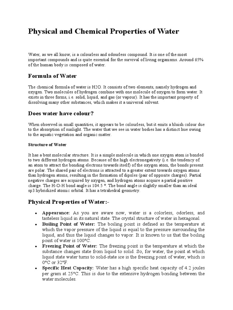 Properties of Water: Physical & Chemical | PDF | Properties Of Water ...