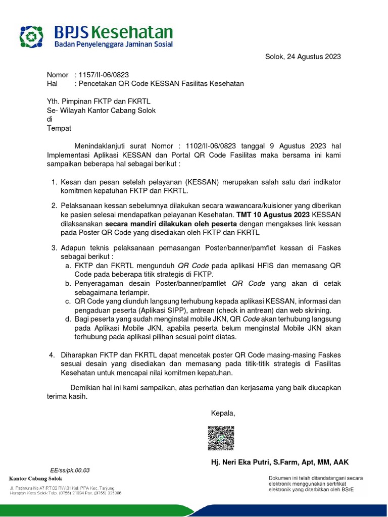 Surat Pencetakan QR Code Kessan Faskes | PDF