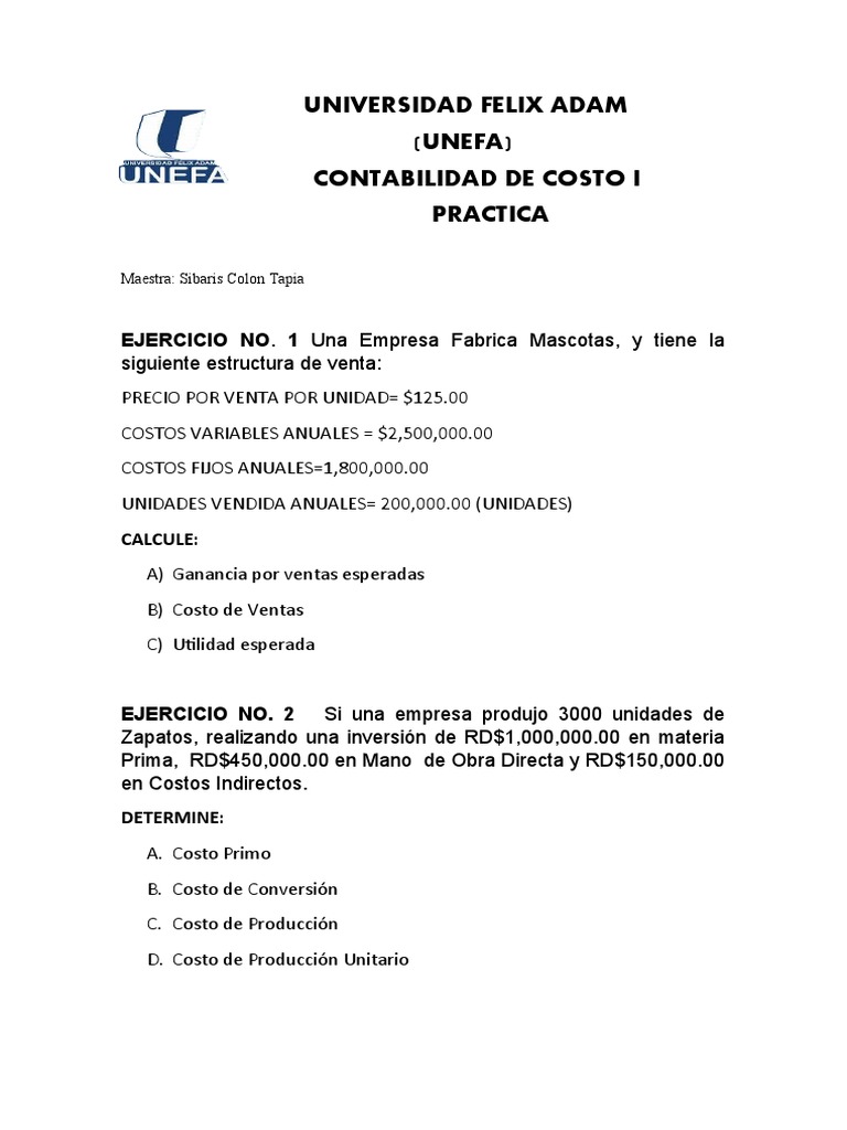 Ejercicios Contabilidad Costo 1 | PDF