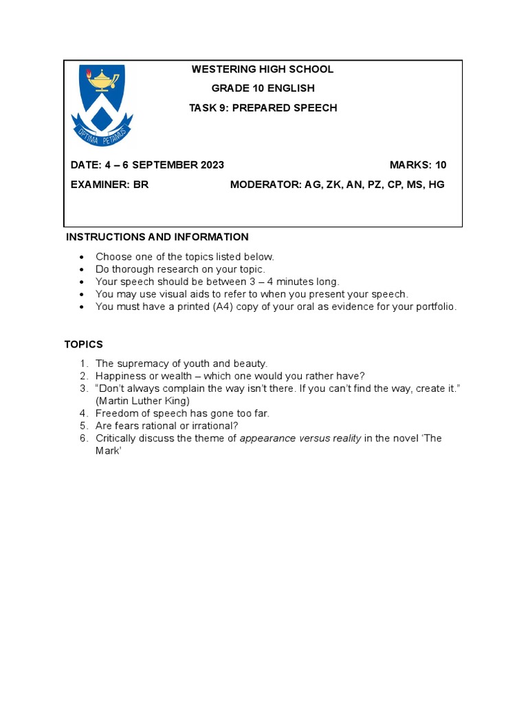 Grade 10 Prepared Speech Topics | PDF | Language Arts & Discipline ...