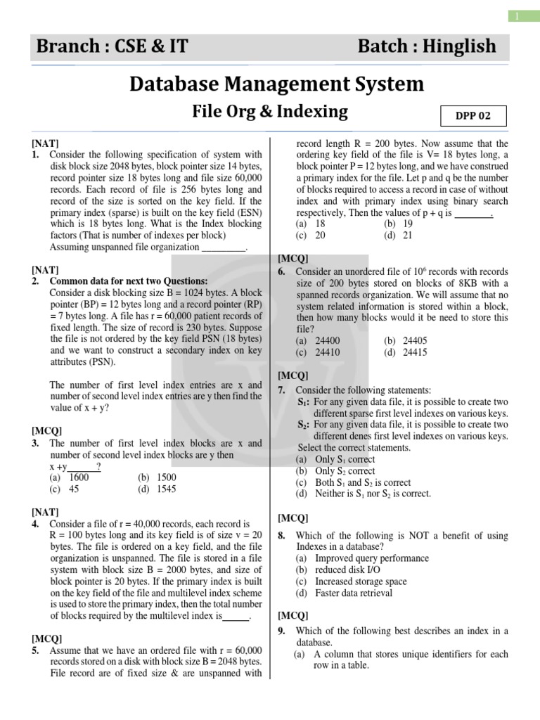 File Org & Indexing - DPP 02 | PDF | Database Index | Computer Science