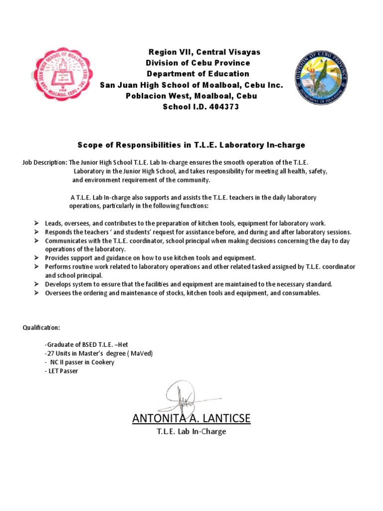Scope of Responsibilities in TLE Lab In-Charge | PDF