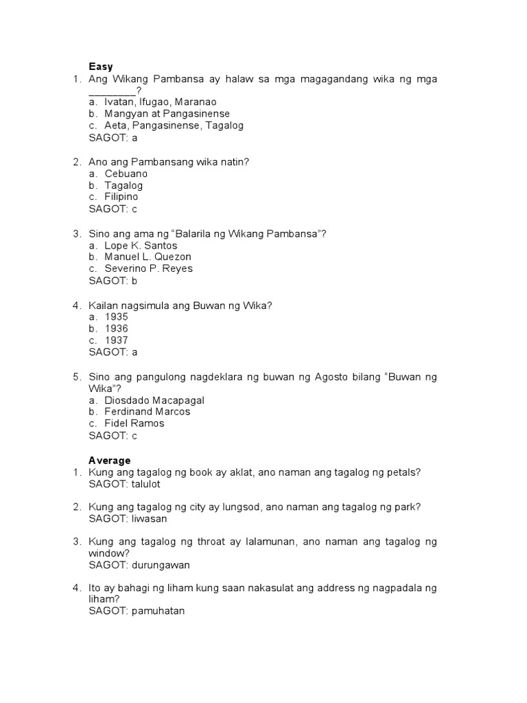 Questions For Quiz Bee - Buwan NG Wika | PDF