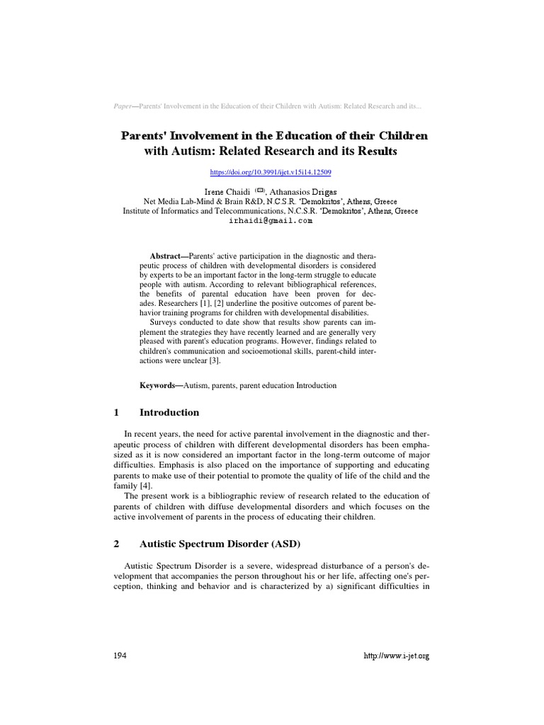 Parents' Involvement in The Education of Their Children With Autism ...
