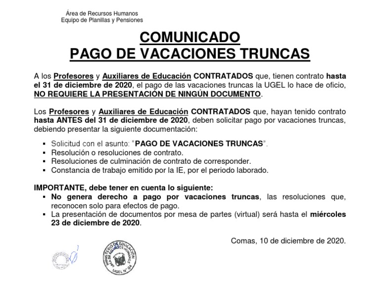 Comunicado Vacaciones Truncas-1 | PDF