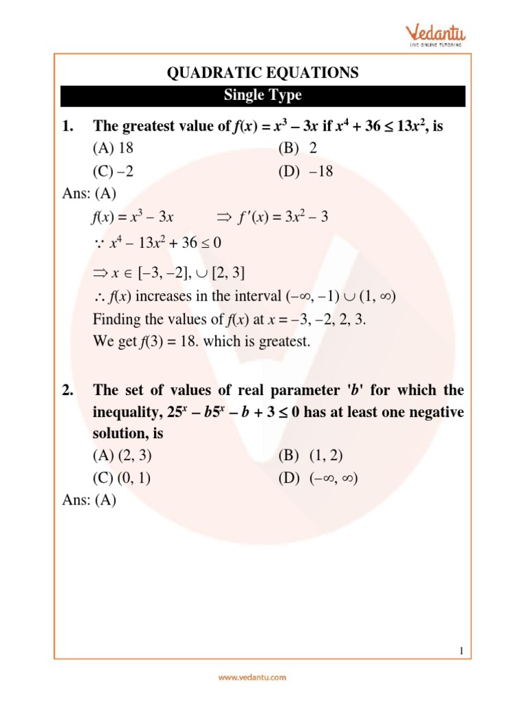 JEE Advanced Quadratic Equations Important Questions | PDF | Equations ...