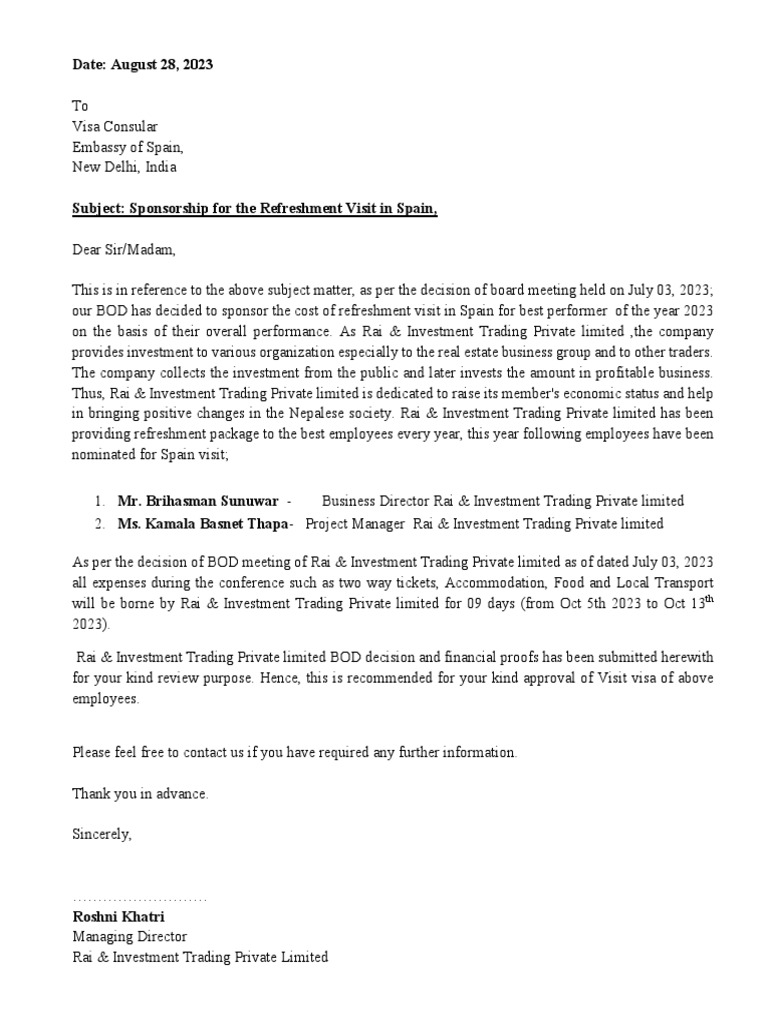 Sponsorship Request for Spain Visit Visa | PDF