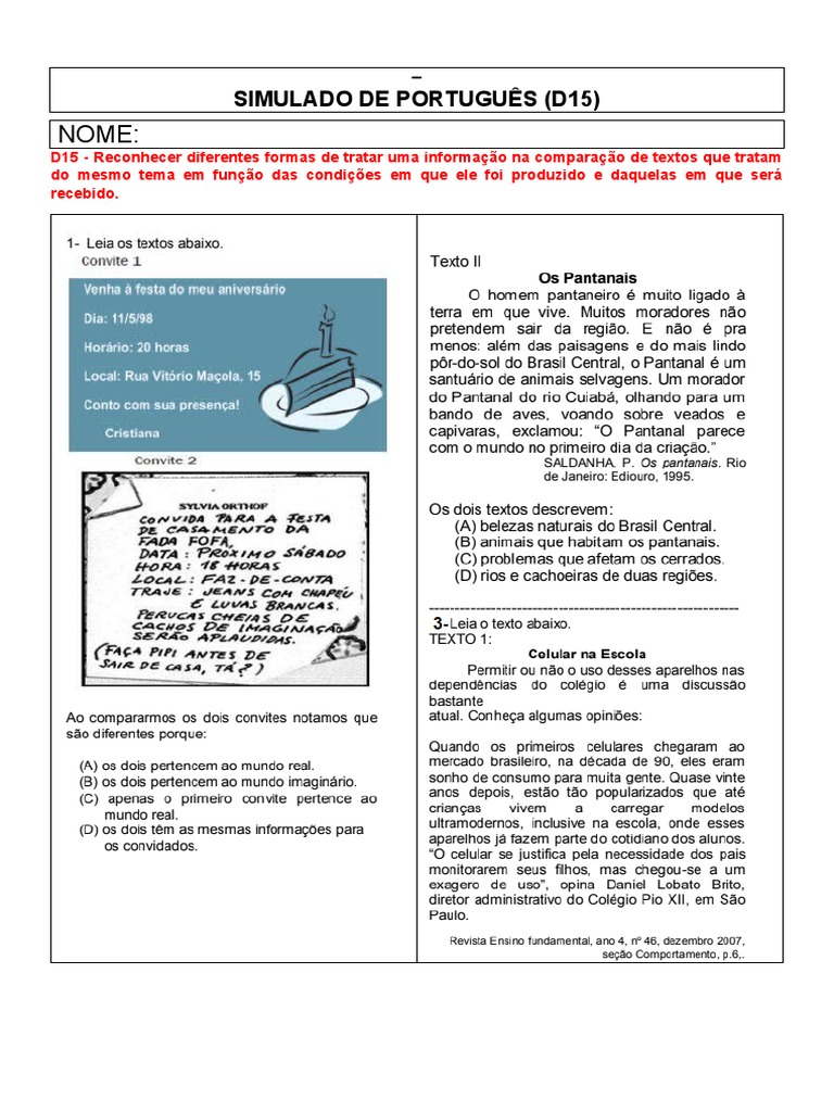 SIMULADO DE PORTUGUÊS - descritor 15 | PDF