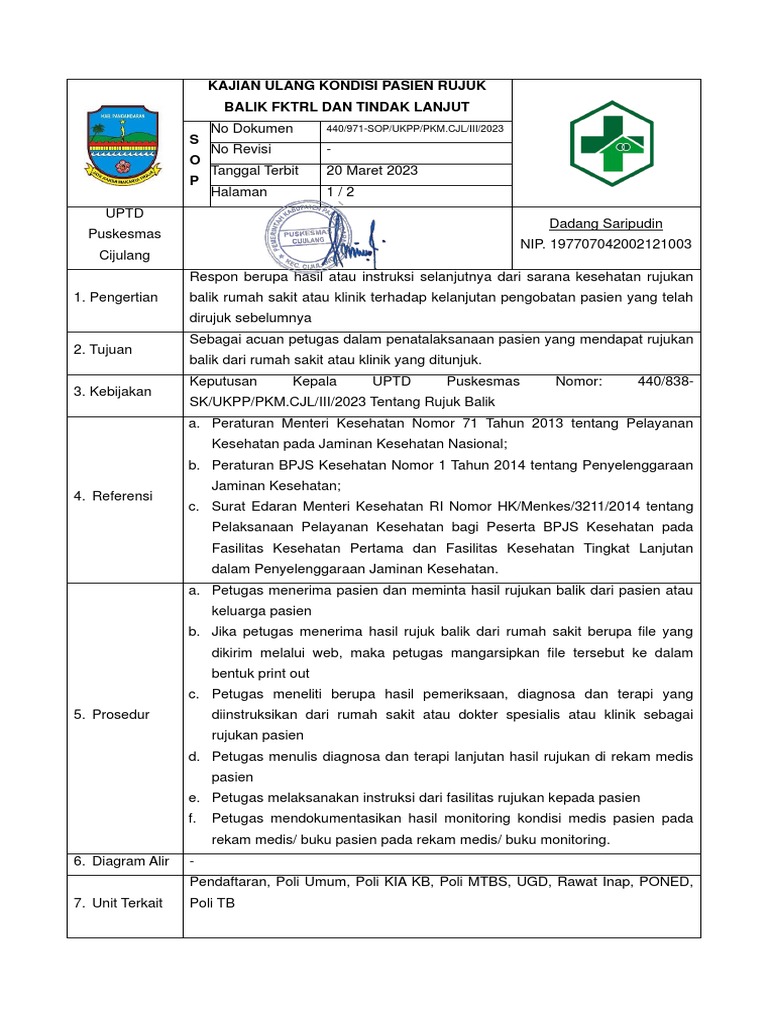 Sop Kajian Ulang Kondisi Pasien Rujuk Balik FKTRL Dan Tindak Lanjut | PDF