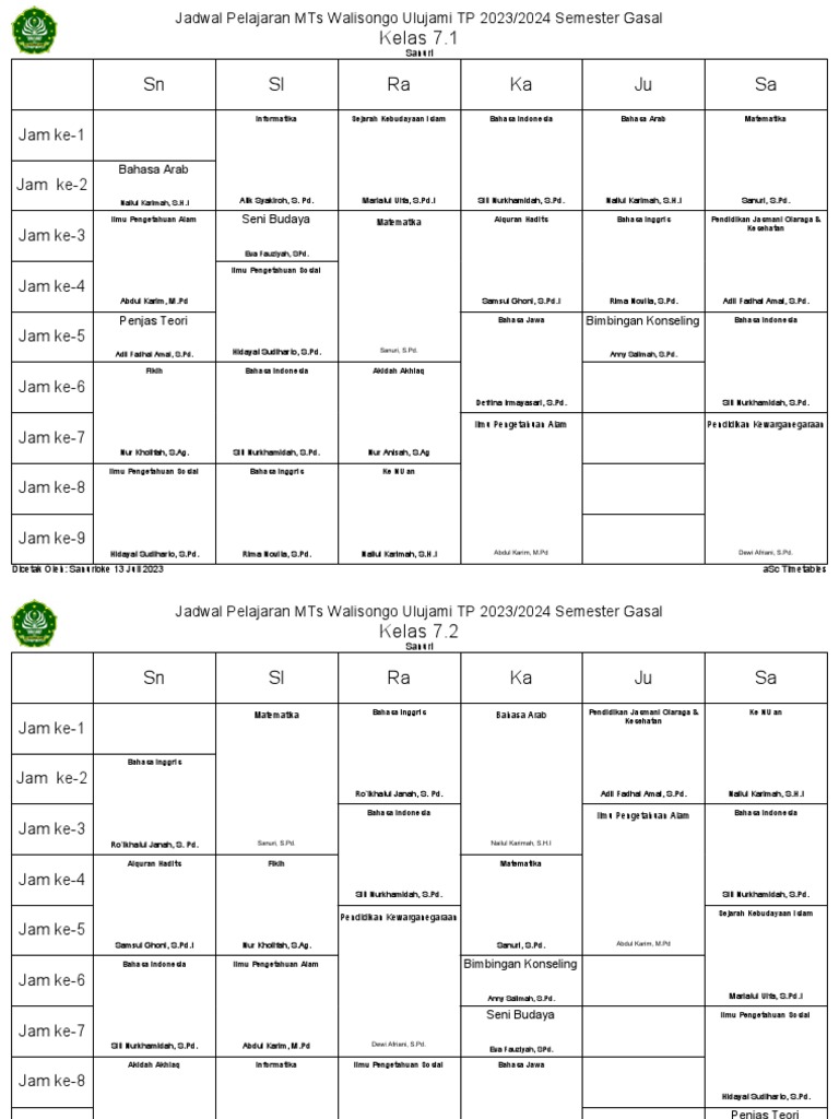 Jadwal 2023-2024 Kelas | PDF