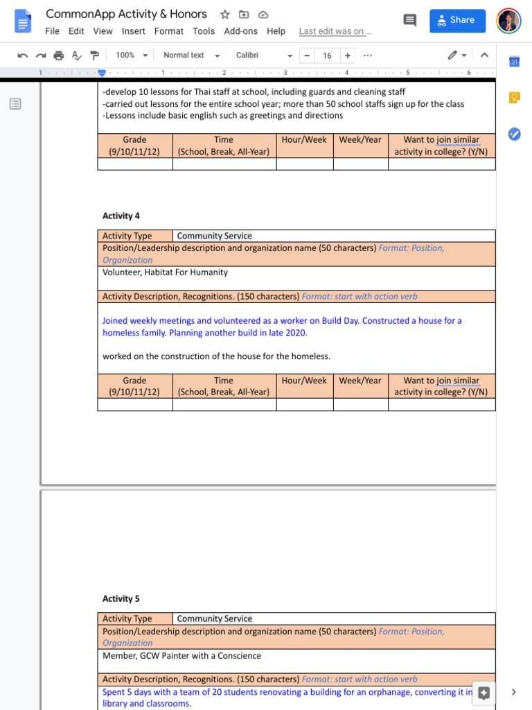CommonApp Activity & Honors | PDF