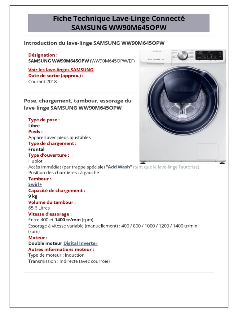 Fiche Technique Lave Linge Connecté | PDF | Machine à laver | Nettoyage
