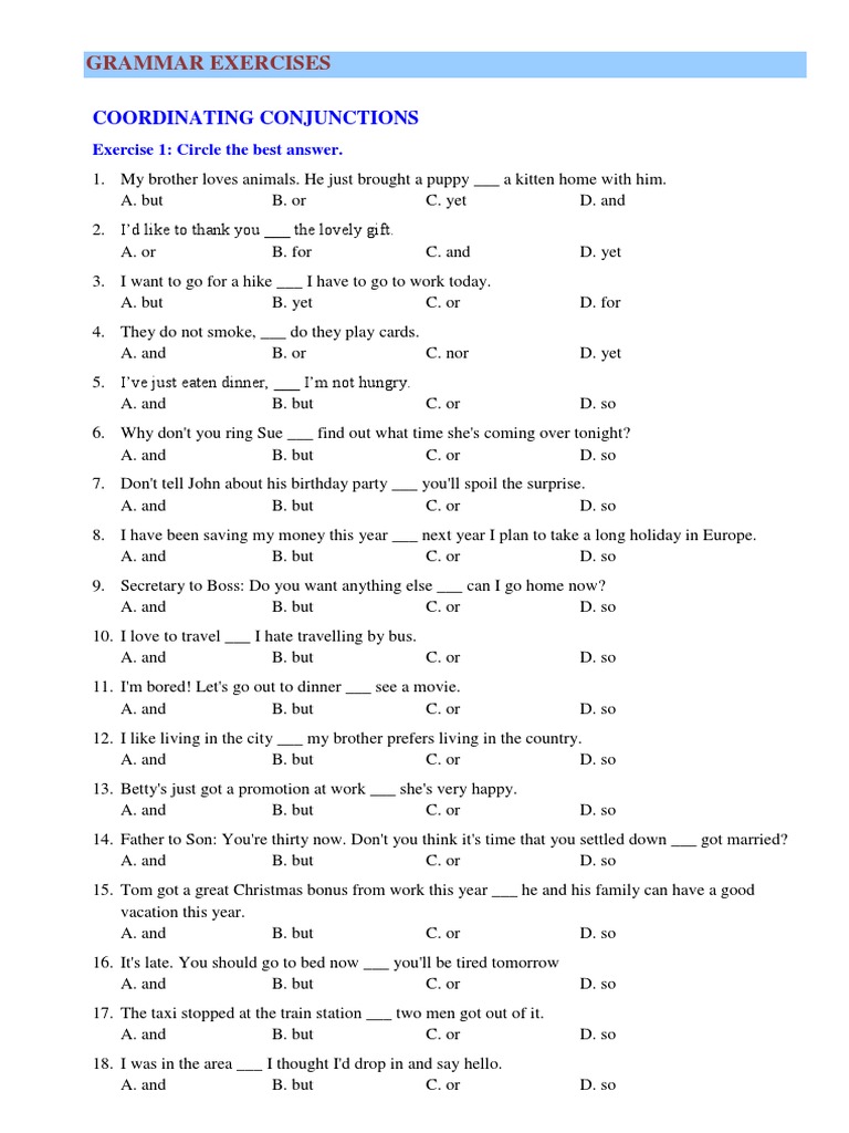 Conjunctions Grammar Exercises | PDF