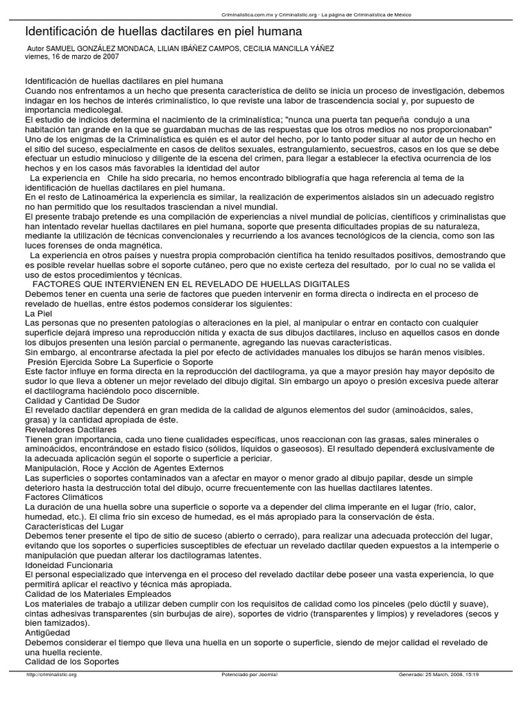 Identificacion de Huellas Dactilares en Piel Humana | PDF | Ciencia ...