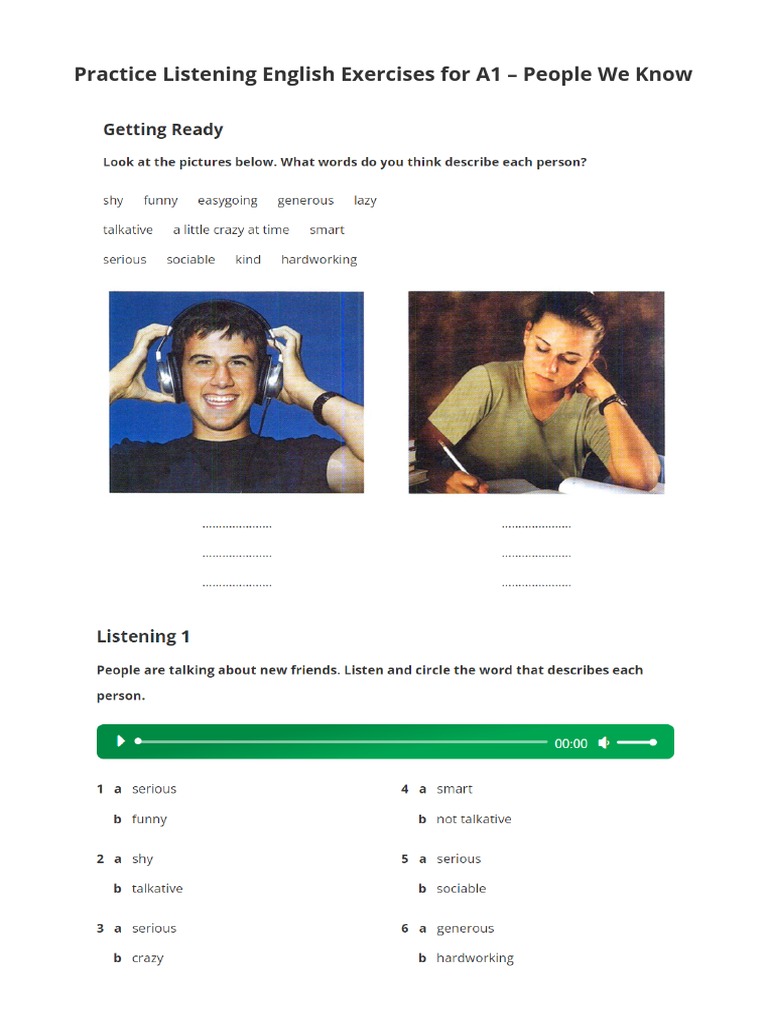 Practice Listening English Exercises For A1 - People We Know | PDF