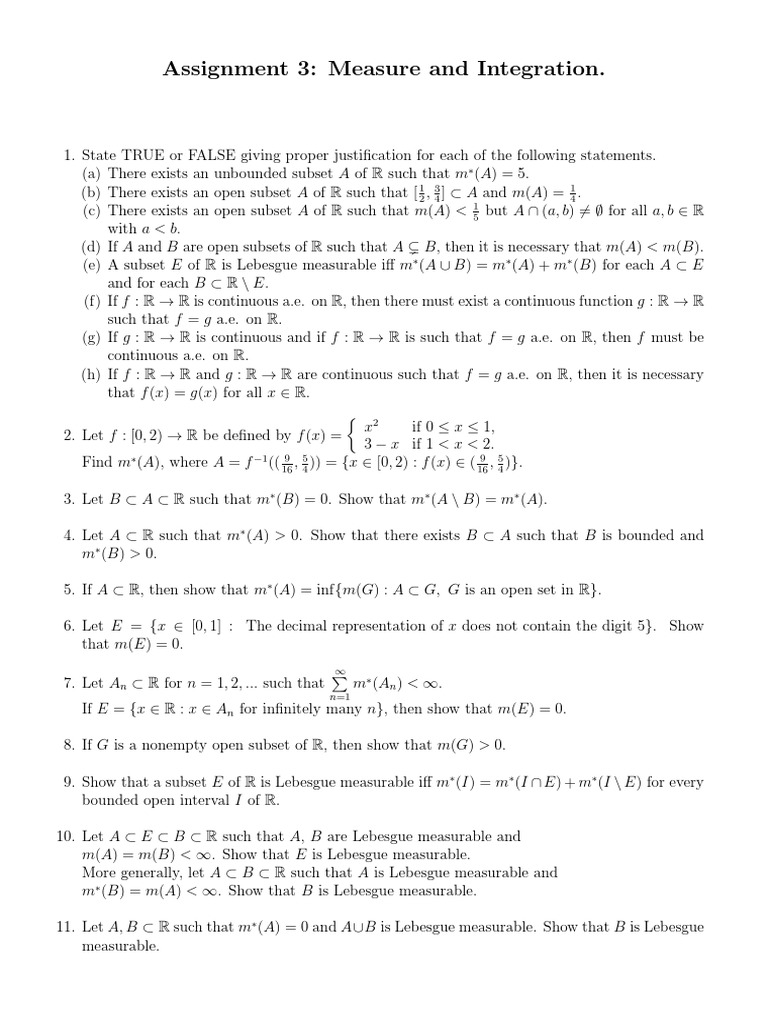 Real Analysis(Assignment 1) | PDF | Lebesgue Integration | Integral