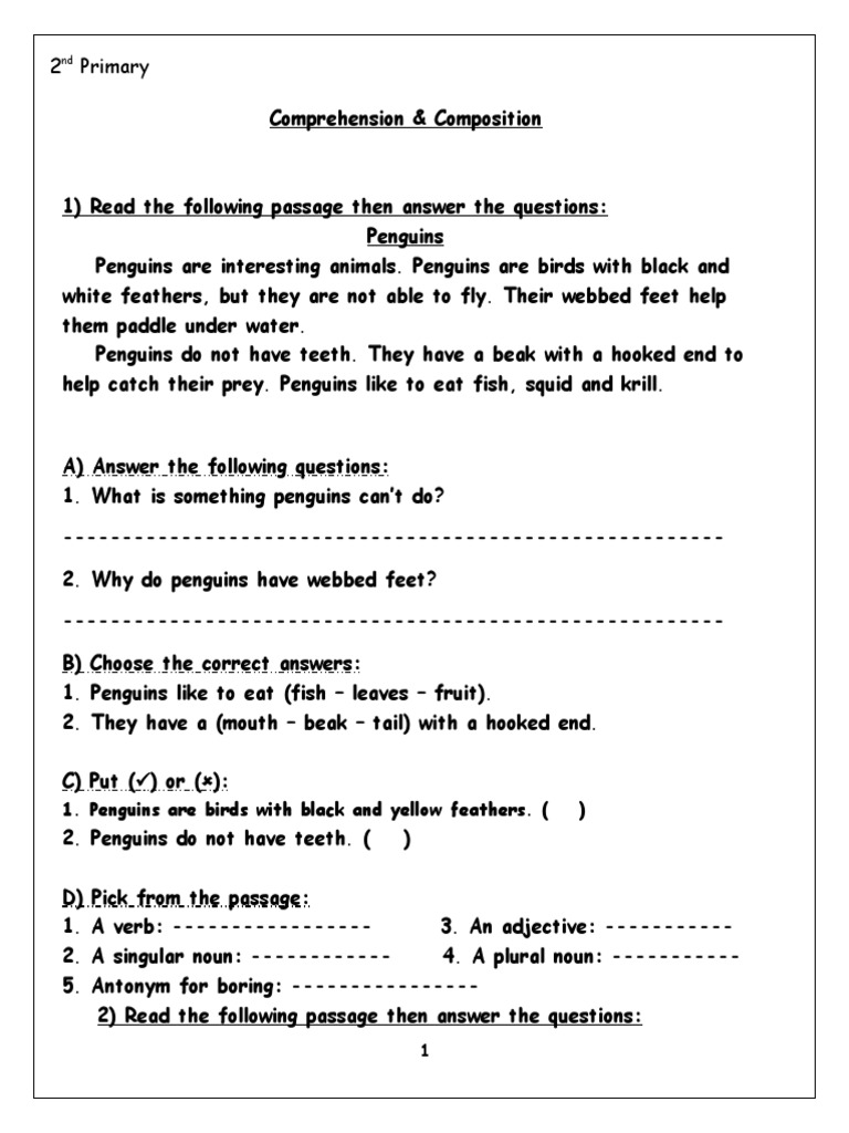 2nd Primary Comprehension & Composition | PDF | Penguin | Plural