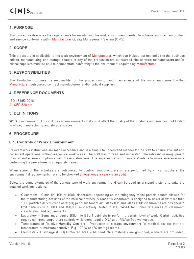 Work-Environment-SOP-free-template | PDF | Electrostatic Discharge ...