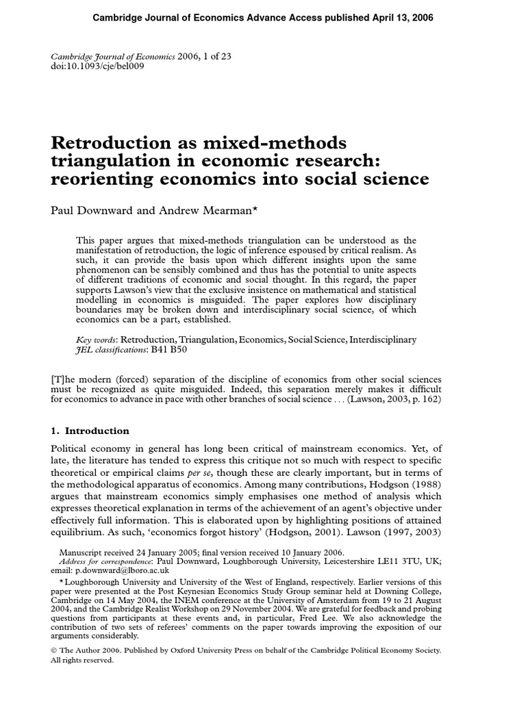 Retroduction As Mixed Methods Triangulation In Economic Research Reorienting Economics Into