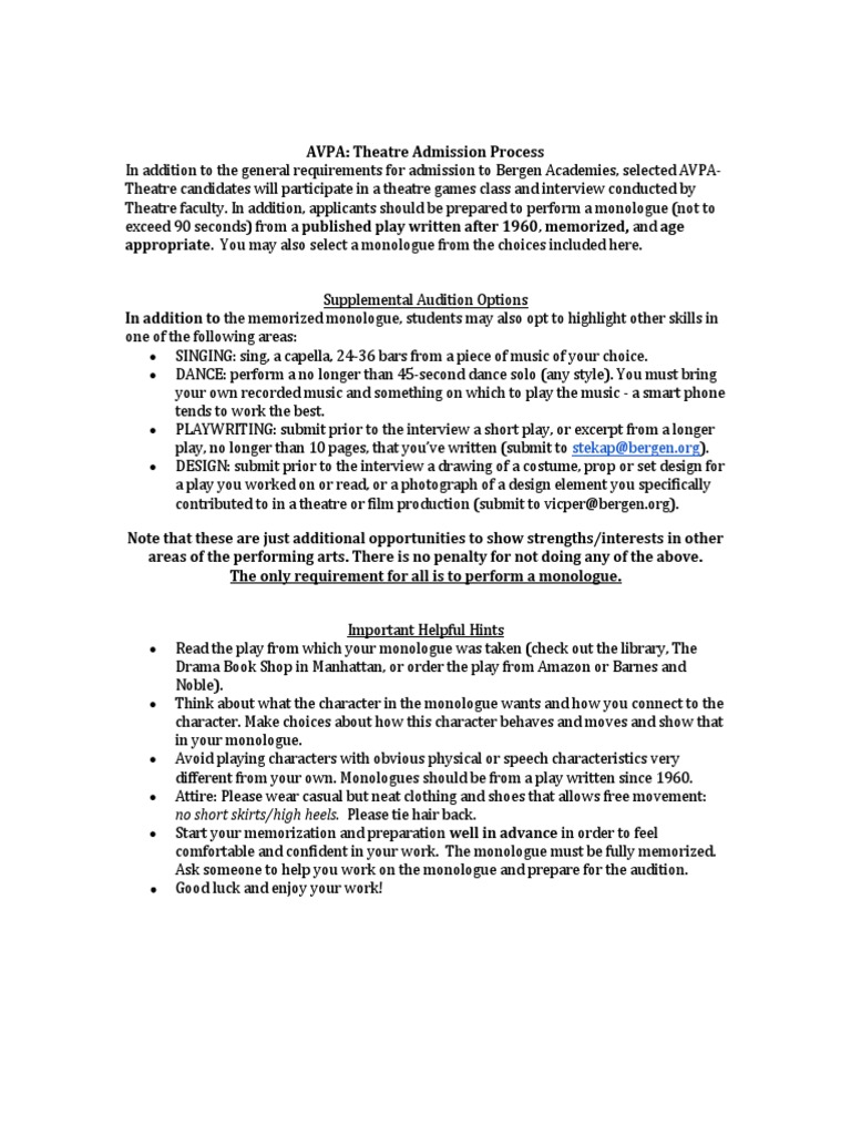 16-17 AVPA Audition Monologues | PDF | Audition