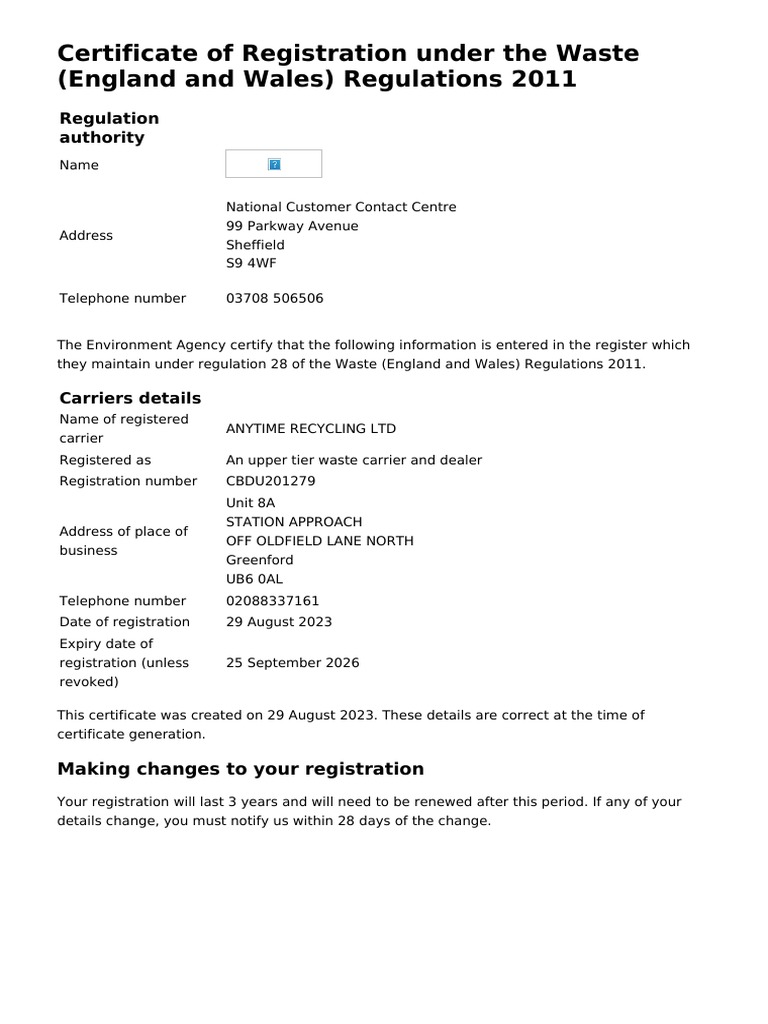 Atr Waste Carrier Licence Valid To 25.09.2026 | PDF | Finance & Money ...