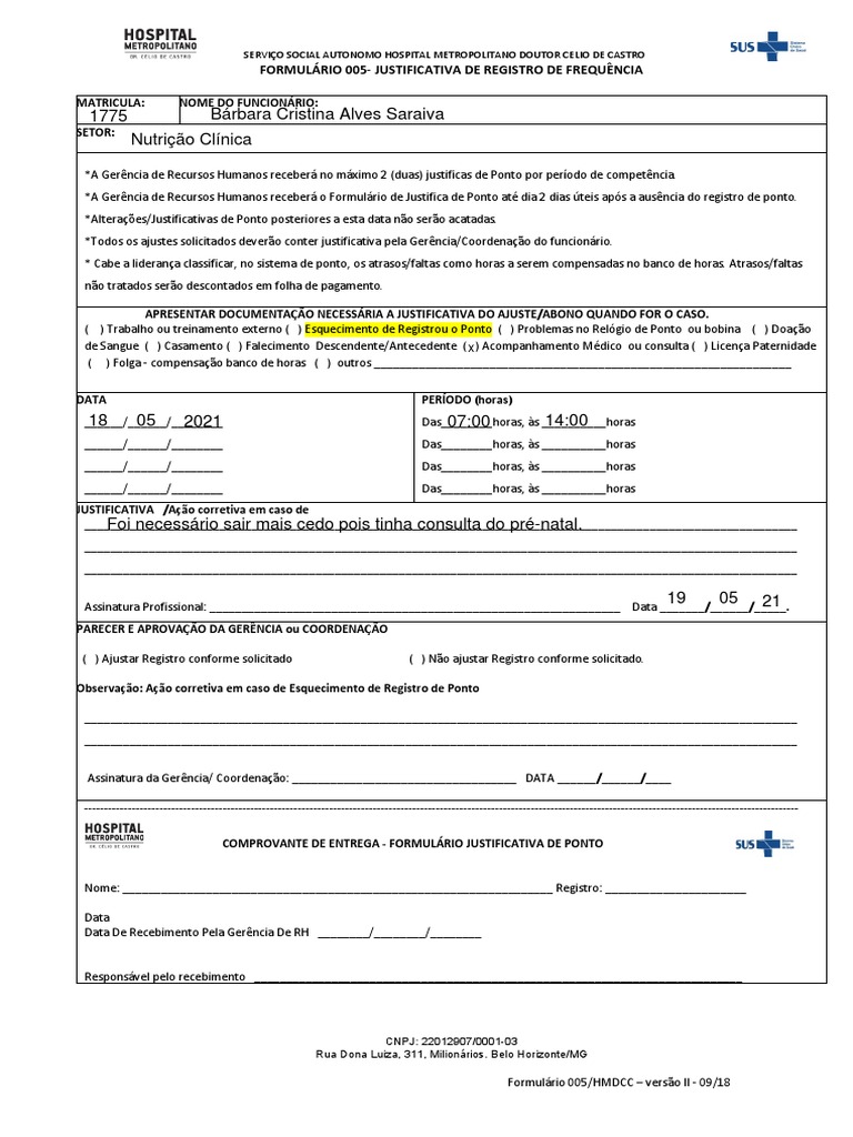 Formulário 005 Justificativa Ponto Eletrônico Preenchido | PDF | Gestão ...