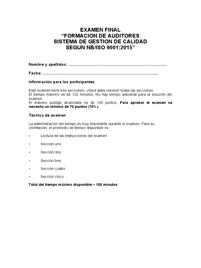 Examen Auditor Interno Iso 9001 | PDF | Auditoría | Business
