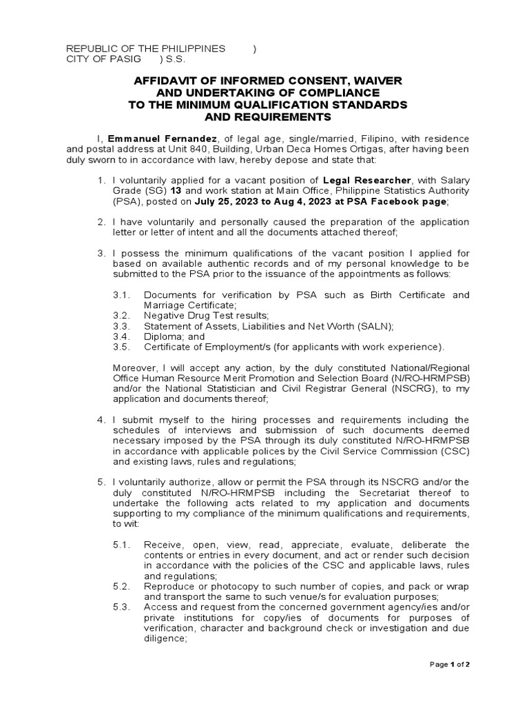 Affidavit of Informed Consent, Waiver and Undertaking of Compliance To The Minimum Qualification ...