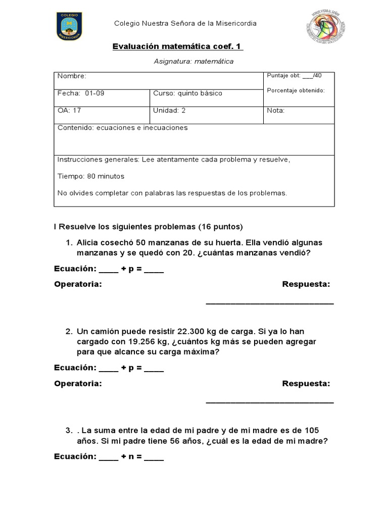 Prueba Quinto | PDF | Matemáticas | Álgebra