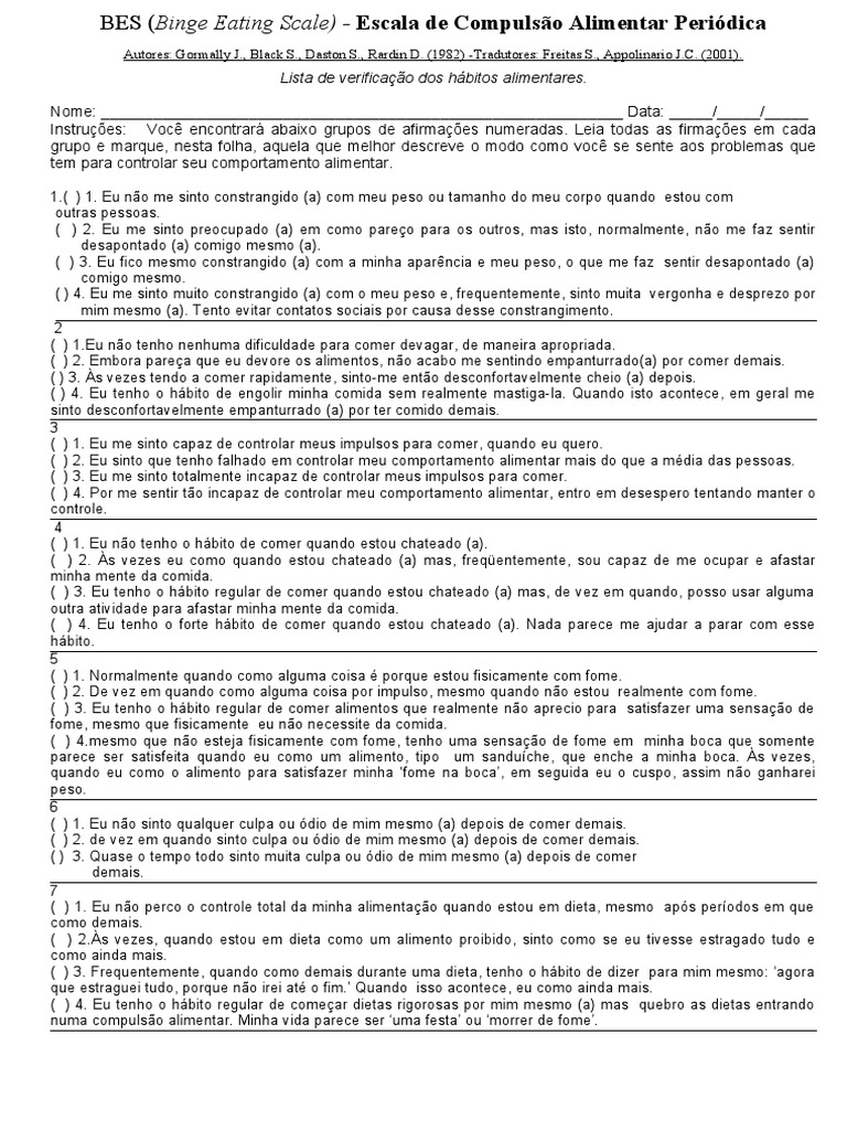 Questionário BES - Compulsão Alimentar | PDF | Alimentos | Transtorno ...